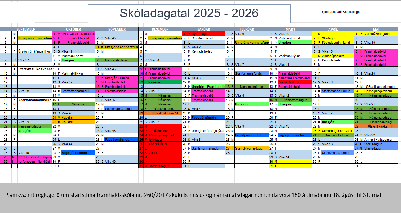 Skóladagatal 2024 - 2025 | Fjölbrautaskóli Snæfellinga